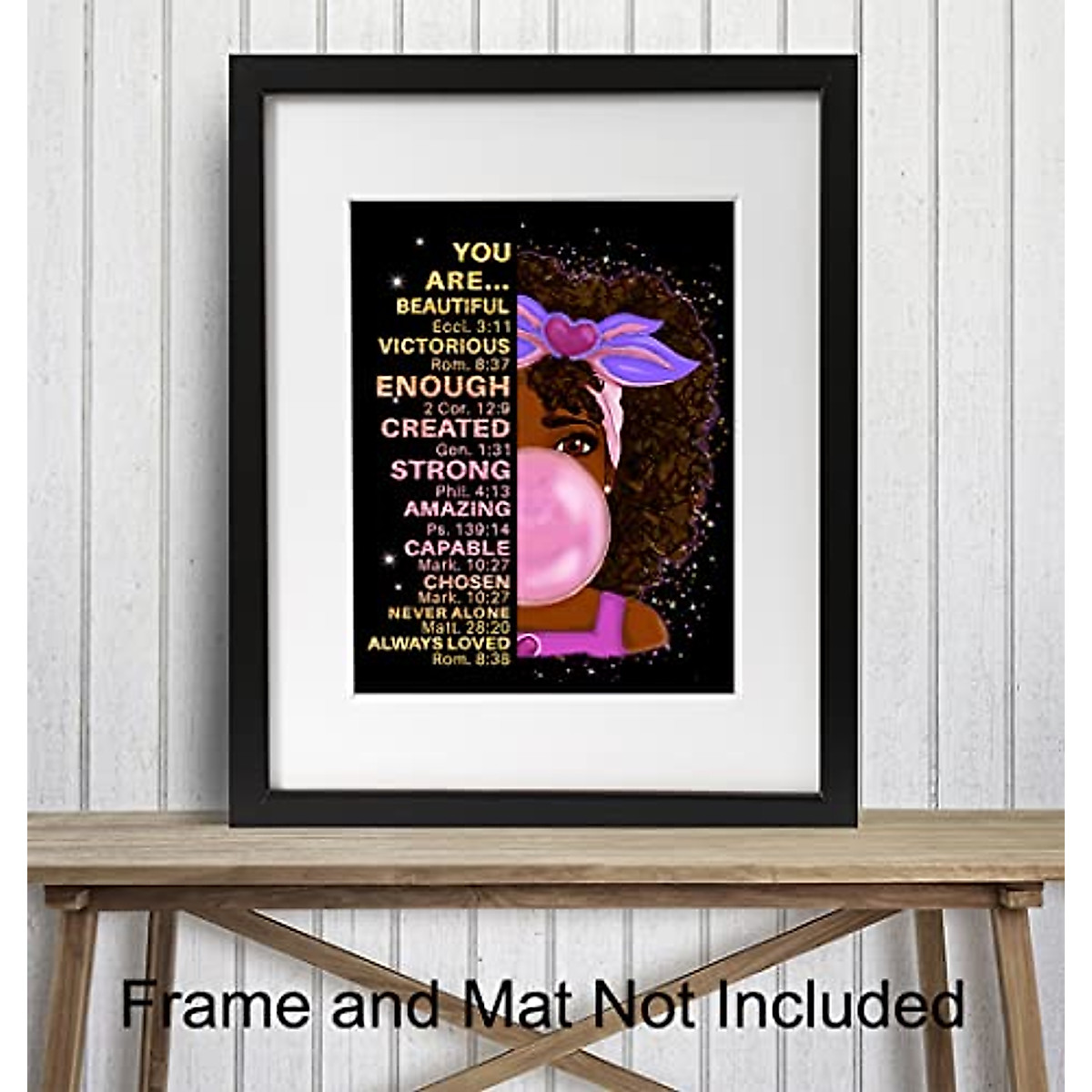Black African American Girl Wall Art & Decor - Black Art - Positive Affirmations - Christian Bible Verses - Inspirational Positive Quotes - Pink Little Girls Bedroom Decor - Toddler Girls Bedroom