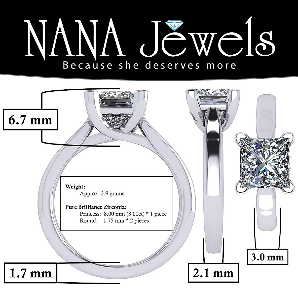 NANA Jewels-Silver 8.00mm (3.00ct) Princess Cut Zirconia Lucita Solitaire Ring-Platinum Plated-Size 8.5