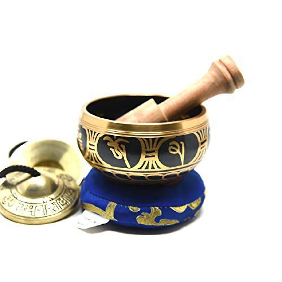 3.75" Exquisite Tibetan Singing Bowl Set for Meditation ~ Mantra Symbols Painted ~ Om Nava Sivaya Tingsha Cymbals~ Silk Cushion & Wooden Mallet Included ~Handmade in Nepal by Thamelmart