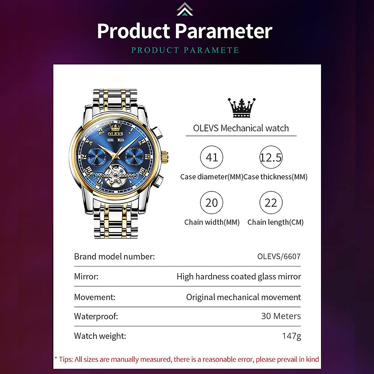 OLEVS Mens Watches Automatic Watches for Men Self Winding Watch Silver Gold Stainless Steel Watch Blue Dial Watch Skeleton Tourbillon Men's Wrist Watches Luxury Big Face Watch for Men