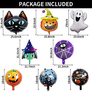 Halloween Foil Balloons 8pcs Large Size Mylar Foil Balloon Set Cute Round Pumpkin Black Cat Spider Web Witch Ghost for Halloween Party Favor Decoration, Home Decor Supplies