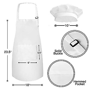 Novelty Place Kid's Apron with Chef Hat Set (3 Set) - Skin-friendly Children’s Bib with Pocket - Cooking, Baking, Painting, Training Wear - Kid's Size (6-12 Year, White)