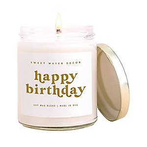 Sweet Water Decor, Happy Birthday in Gold Print, Vanilla, Sugar, and Buttered Rum Sweet Scented Soy Wax Candle for Home | 9oz Clear Jar, 40 Hour Burn Time, Made in the USA