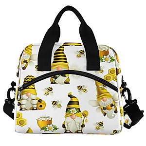 Oarencol Gnome Bees Honey Insulated Lunch Tote Bag Reusable Cooler Lunch Box with Shoulder Strap for Work Picnic School Beach