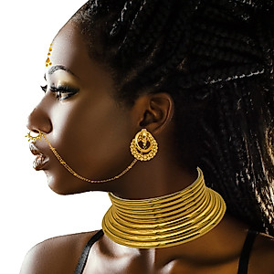 RDKOEAKEL 7 PCS African National Vintage Gold Flamboyant Jewelry Set Egypt Choker Bracelet African Nose Rings Hoop Chain Earrings for women Long Neck Collar Wide Leather Bracelet Sets