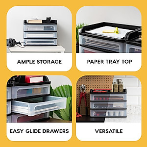 IRIS USA Medium 3-Drawer Desktop Organizer with Open Tray Top, for Office, School, Stationary, Makeup Organizer, Bathroom, Utility, Medical Supplies, Desk Organizer, Versatile Storage, Black