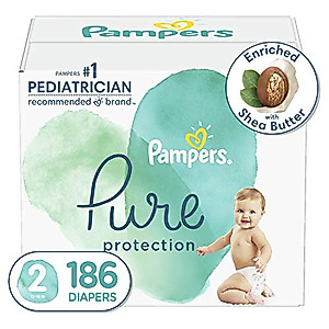 Diapers Size 2, 186 Count - Pampers Pure Protection Disposable Baby Diapers, Hypoallergenic and Unscented Protection (Packaging & Prints May Vary)
