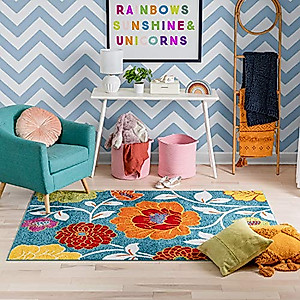 Well Woven Modern Rug Daisy Flowers Blue 3'3" x 5' Floral Accent Area Rug Entry Way Bright Kids Room Kitchen Bedroom Carpet Bathroom Soft Durable Area Rug
