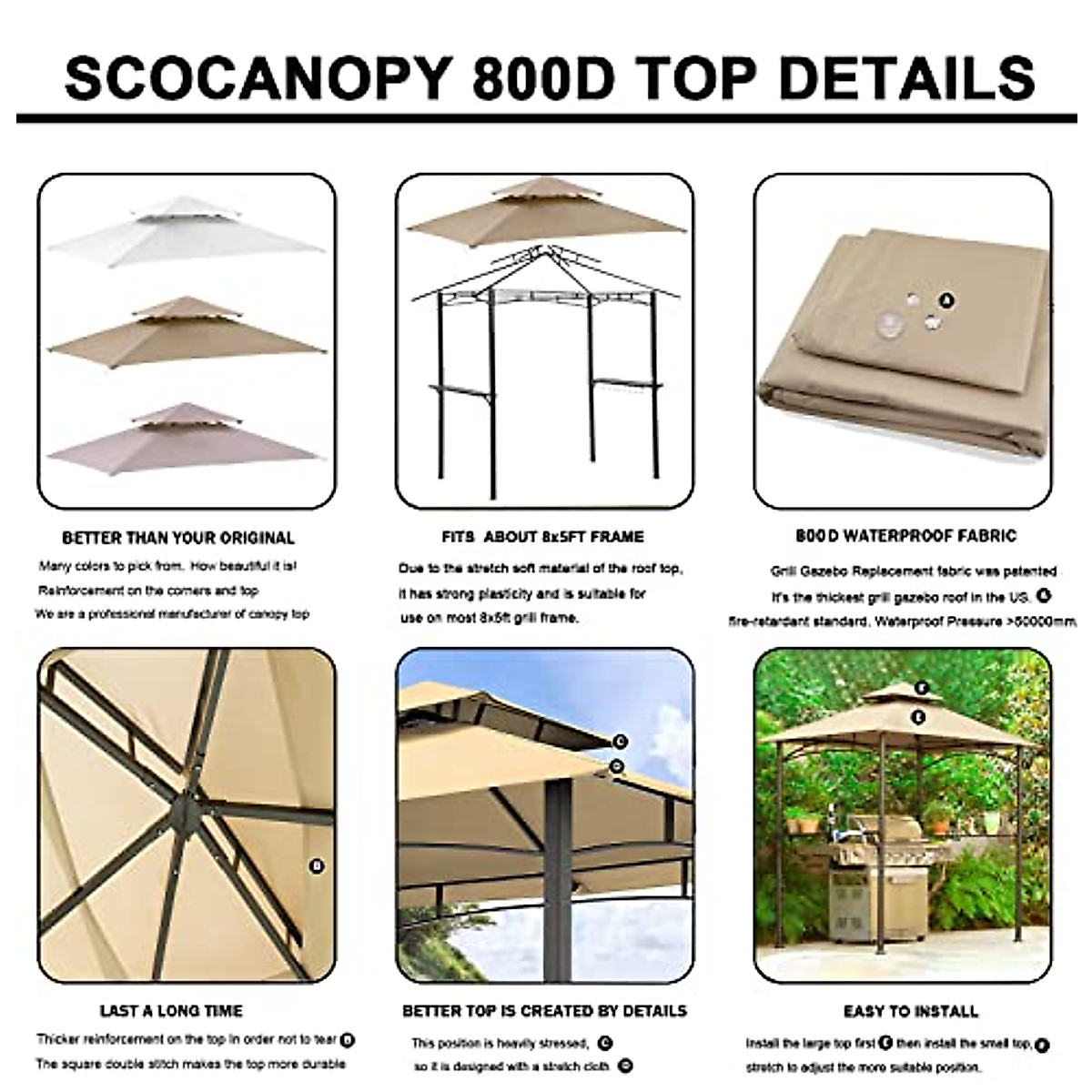 SCOCANOPY Universal Stretch Waterproof Grill Gazebo Replacement Roof for 8' x 5' Frame,Beige