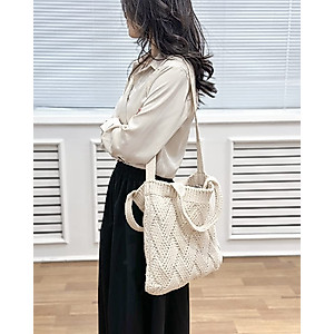 ENBEI Women's tote bag aesthetic Crocheted Bags Shoulder Bag Tote Bag for school Handbag hobo bag Knitted Tote Bag (white)