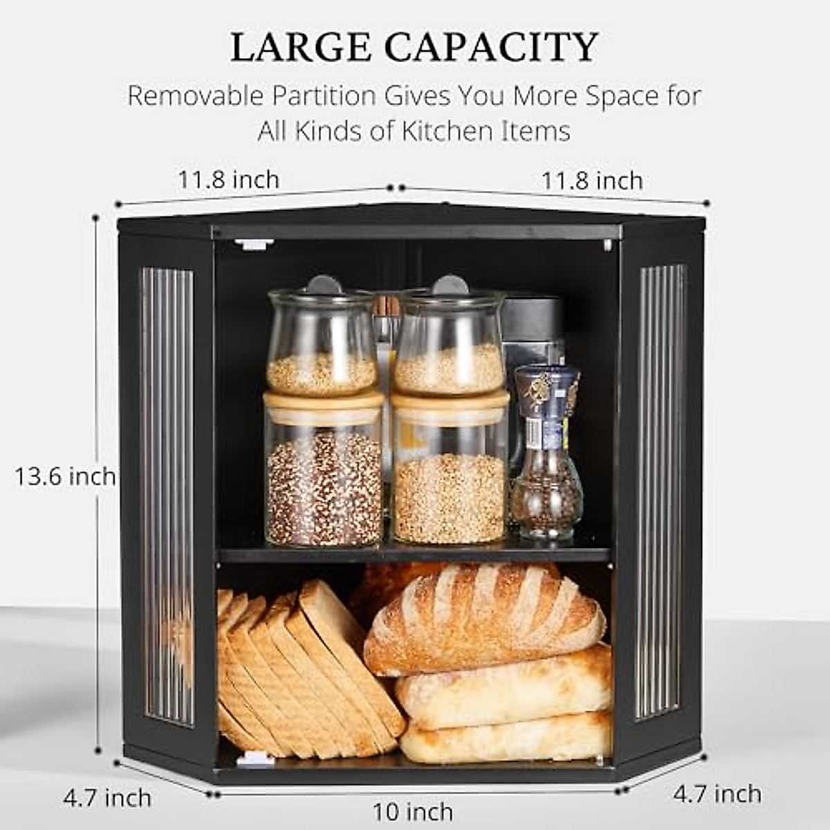 BRONYPRO Double Layer Corner Bread Box for Kitchen Counter with Height-adjustable Partition, Large Black Bamboo Wooden Bread Box for Multiple Loaves, Modern Breadbox for Kitchen Countertop