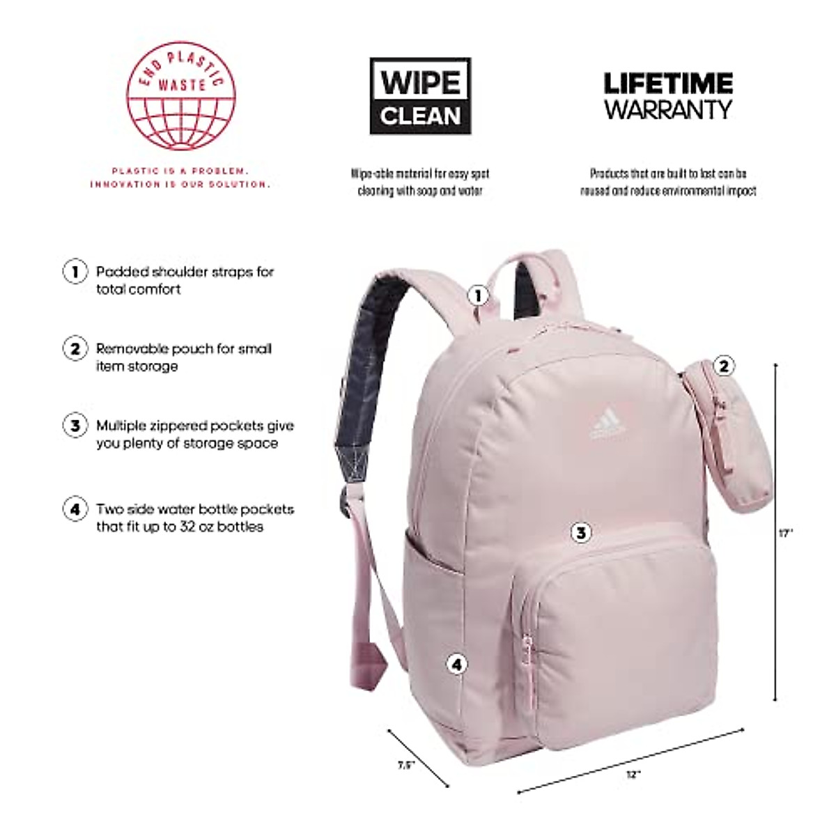 adidas Everyday Backpack, Clear Pink/White, One Size
