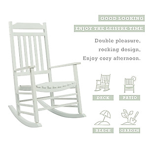 Kozyard High Back Slat Rocking Chair, Solid Wood Outdoor Rocking Chair for Front Porch Furniture, Porch Chairs for Indoor or Outdoor Use (White)