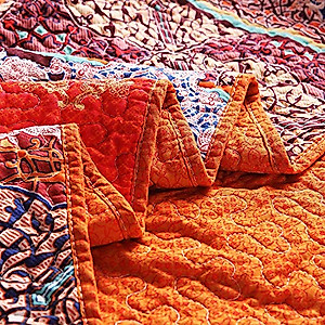 Exclusivo Mezcla Luxury Reversible Cotton Paisley Boho Striped Quilted Twin Size (60x80 Inch) Bed Blanket, Machine Washable and Dryable