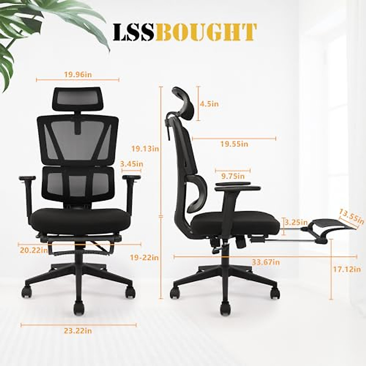 LSSBOUGHT Ergonomic Mesh Office Chair with Lumbar Support Adjustable Footrest Headrest, Mid Back Executive Swivel Desk Chair with Armrest for Home Office Work, Black