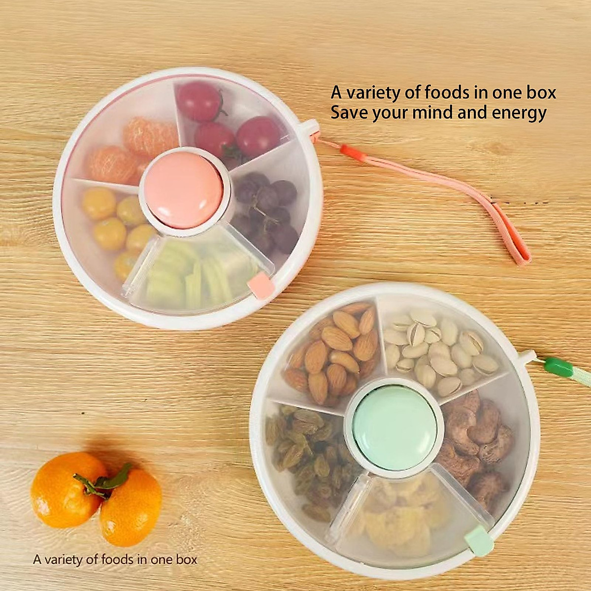 Yechiry Kids Snack Spinner, 360° Rotating Snack Storage Containers, Large Capacity Leakproof Kids Fruit Storage Box Bundle with 5 Compartment Dispenser and Lid for Home Travel