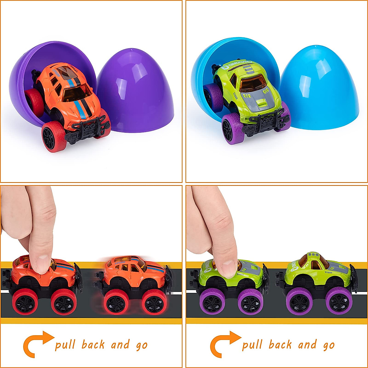 Lumiparty 12PACK Easter Eggs Prefilled with Alloy Pull Back Cars , Pullback Monster Vehicles Toys for Easter Party Favors, Easter Basket Stuffers, Easter Egg Fillers, Easter Eggs Hunt.