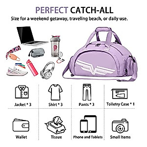 FIORETTO 30L Sports Gym Duffle Bag with Wet Pocket & Shoe Compartment, Water Repellent Weekender Hospital Overnight Bag for Women, Sports Holdall Backpack