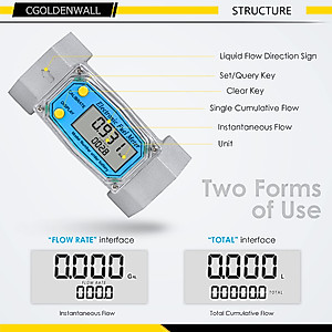 CGOLDENWALL 1.5 Inch Turbine Flow Meter LCD Digital Display Flowmeter with 1.5" Inlet/Outlet, Flowmeter for Diesel Kerosene Gasoline, Flow Rate Range 10-73.5 GPM