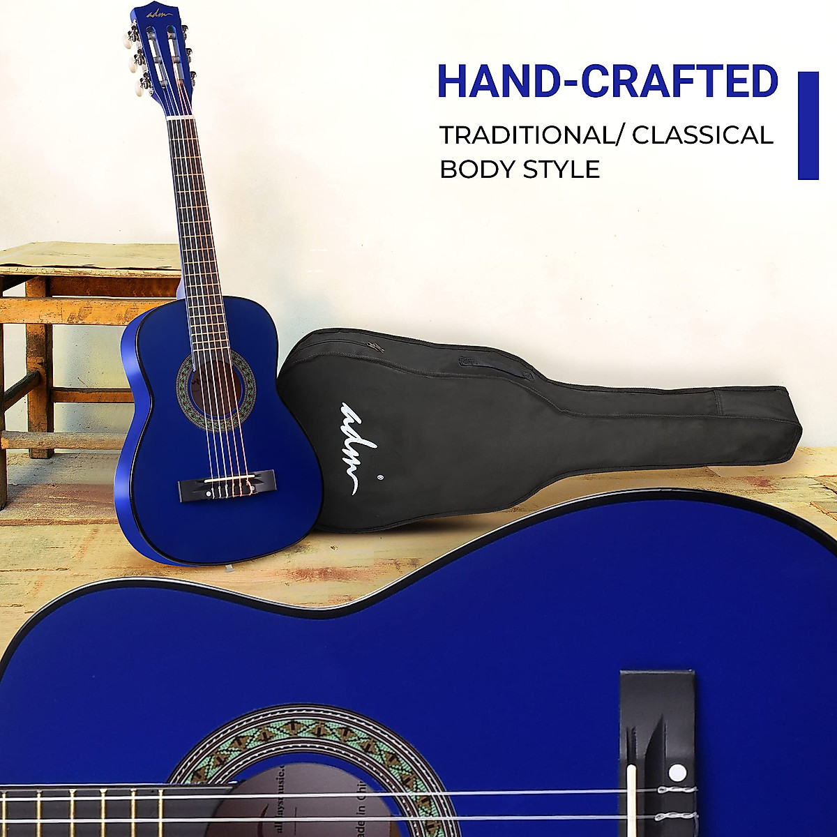 ADM Beginner Acoustic Classical Guitar 30 Inch Nylon Strings Wooden Guitar Bundle Kit for Kid Boy Girl Student Youth Guitarra Online Lessons with Gig Bag, Strap, Tuner, Extra Strings, Picks,Blue