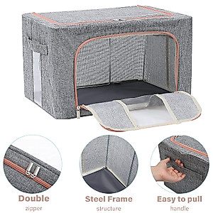 XULAN 34L Large Foldable Clothes Storage Bins, Stackable Container Organizer with Clear Window | Carry Handles for Blankets, Comforter, Closets, Bedrooms and More, Set of 2 (Grey)