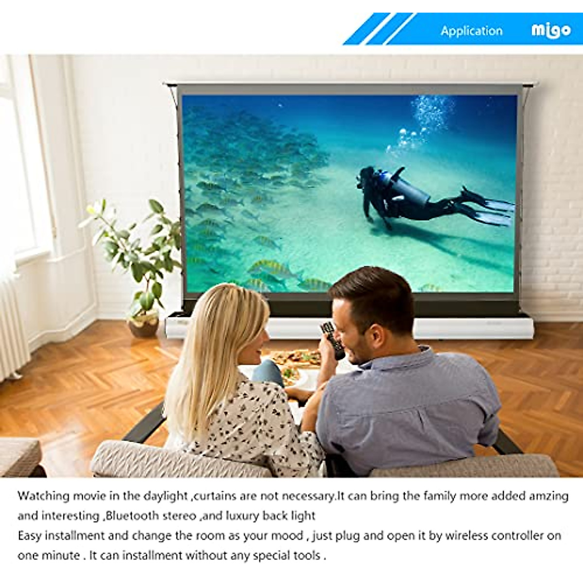 MIGO 120inch White Electric Motorized Floor Rising Tab Tension Pull up Projector Screen with The PET Crystal Slimline ALR ambieht Light for The UST 4k Projector