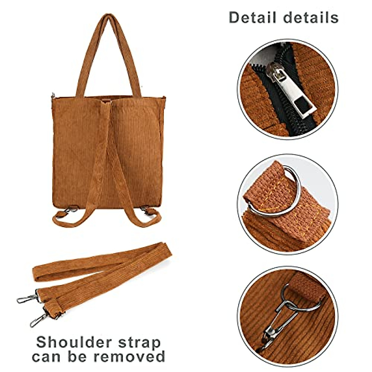 WULIQIUQIU Corduroy Crossbody Bag for Women Convertible Backpack Over The Shoulder Tote Purse Student Fashion Handbag Brown
