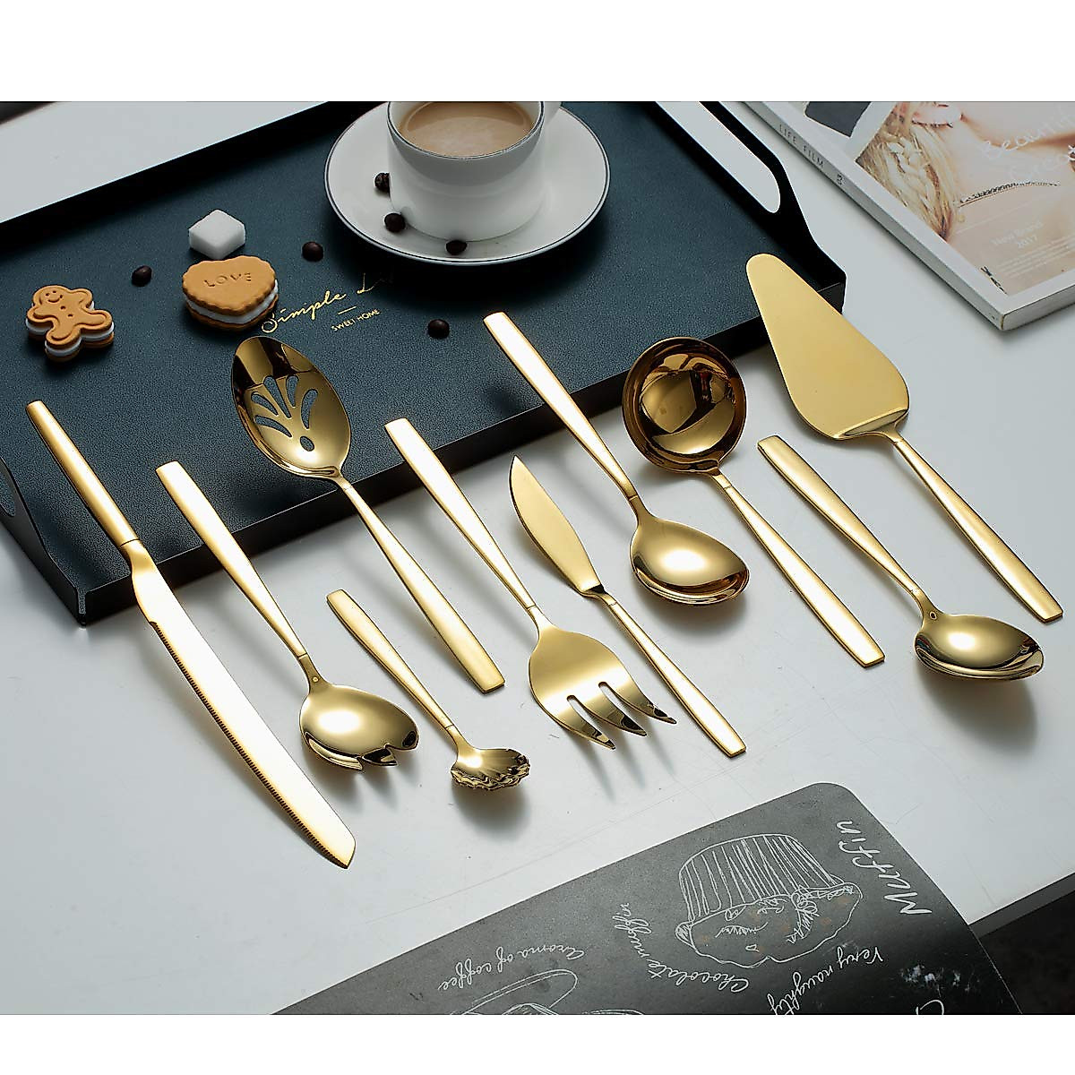 Berglander Gold Serving Utensils 10 Pieces, Titanium Golden Plating Serving Spoons, Included Cake Knife Cake Server Serving Forks Sugar Spoon Salad Spoon Forks Butter Knife Gravy Ladle ect.