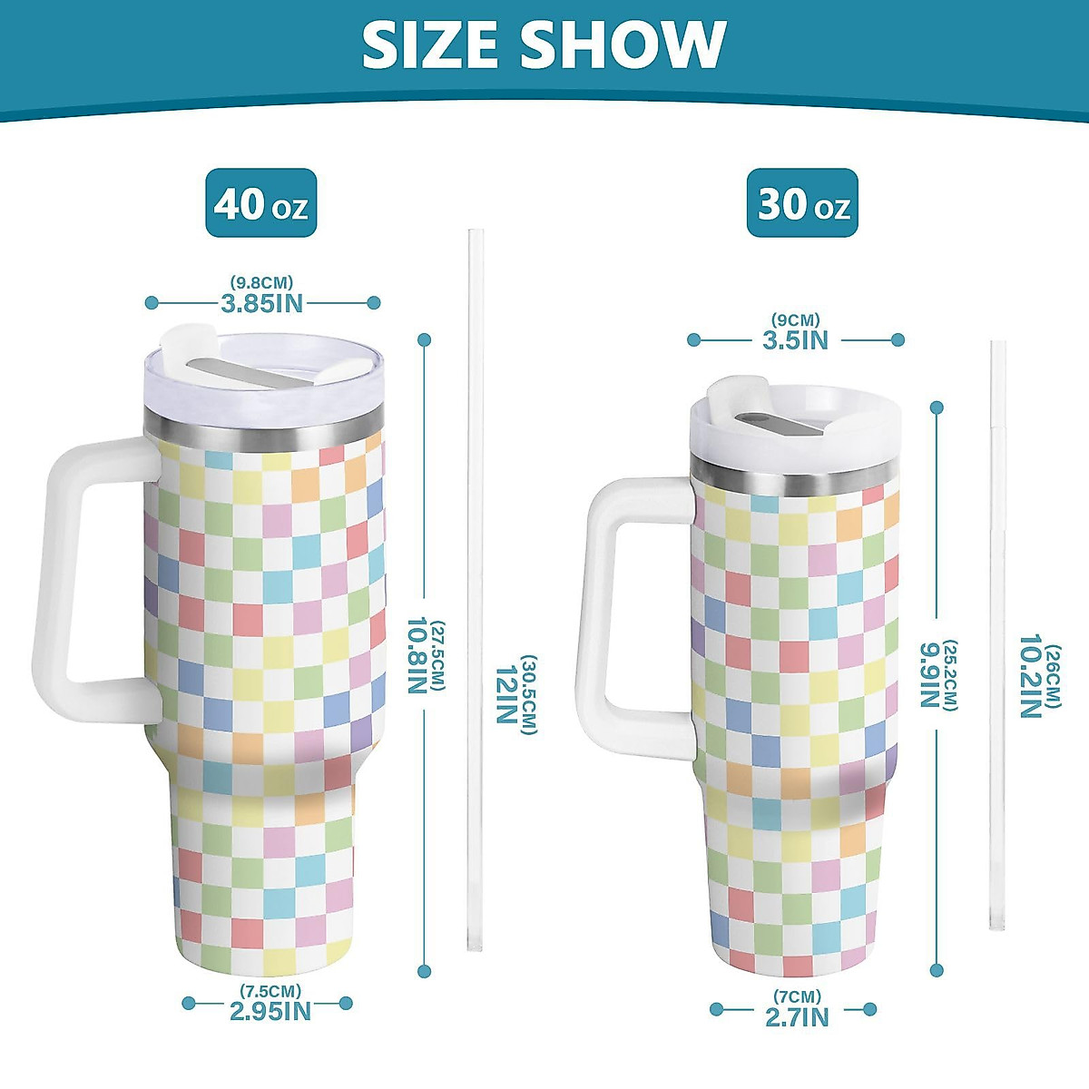 IHCVHQX Tumbler with Handle and Straw 40oz Checkered Rainbow Pattern Insulated Tumbler Cups Stainless Steel Travel Coffee Mug