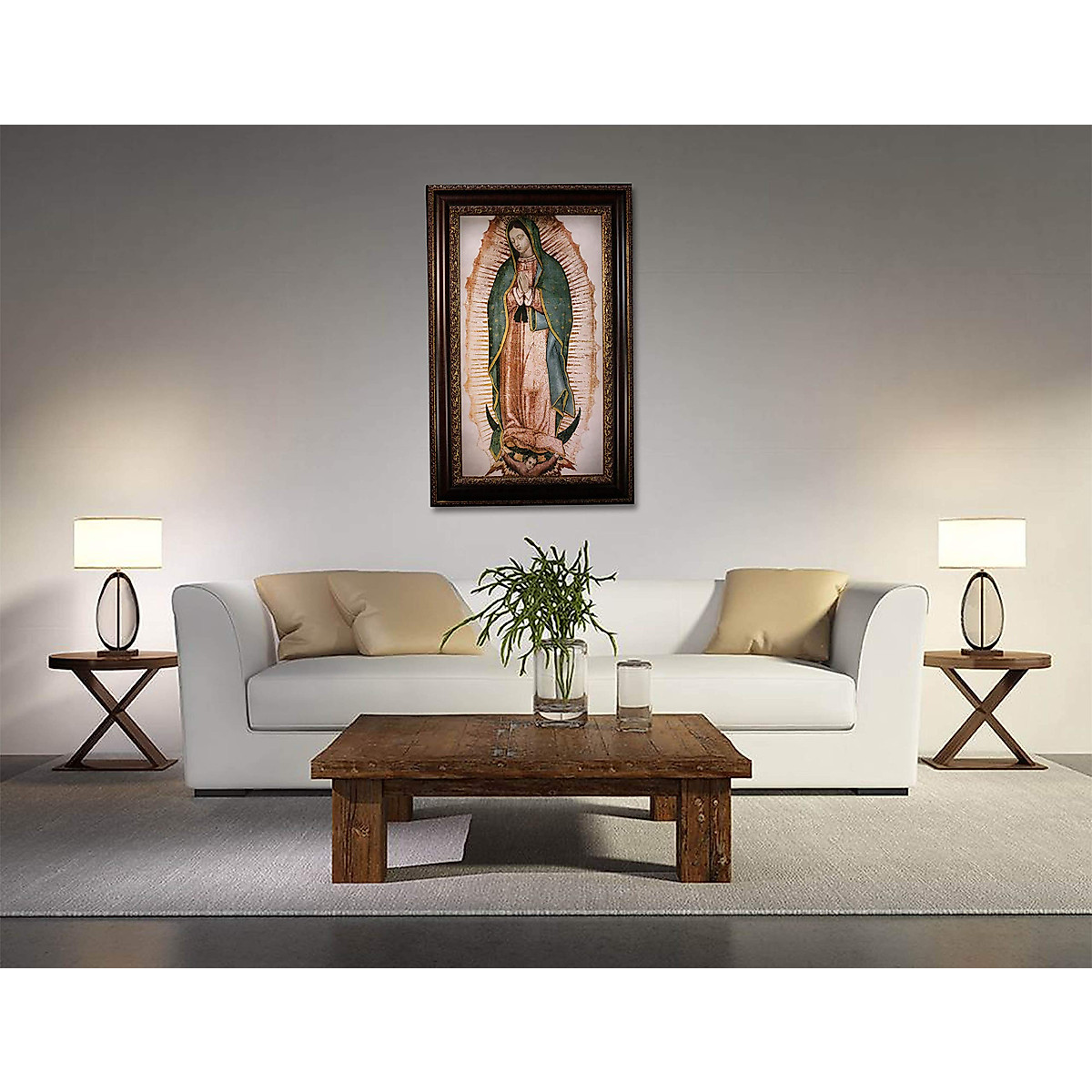 Mom’s Art Studio - Virgen de Guadalupe Wall Decor 44 X 27.75 Inches, Virgin Mary Print, Museum Look Art Frame, Artist’s Acrylic Coating, Wall Art for Home Decor (Large, Gold Spot)