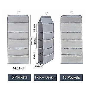 DOMEZO Dual-Sided Closet Hanging Organizer with Rotating Metal Hanger and Mesh Pockets for Underwear, Bras, Socks, Towels, Handbags, Stockings Storage, Oxford Hanging Bags (3+5+15 Pockets, Grey)