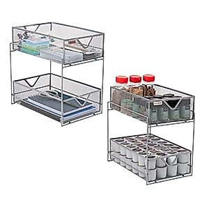 Mind Reader Network Collection, 2-Tier Sliding Basket Storage Kitchen, Desk, Makeup, Cabinet Organizer, Metal Mesh, Set of 2, 2-Pack, Silver