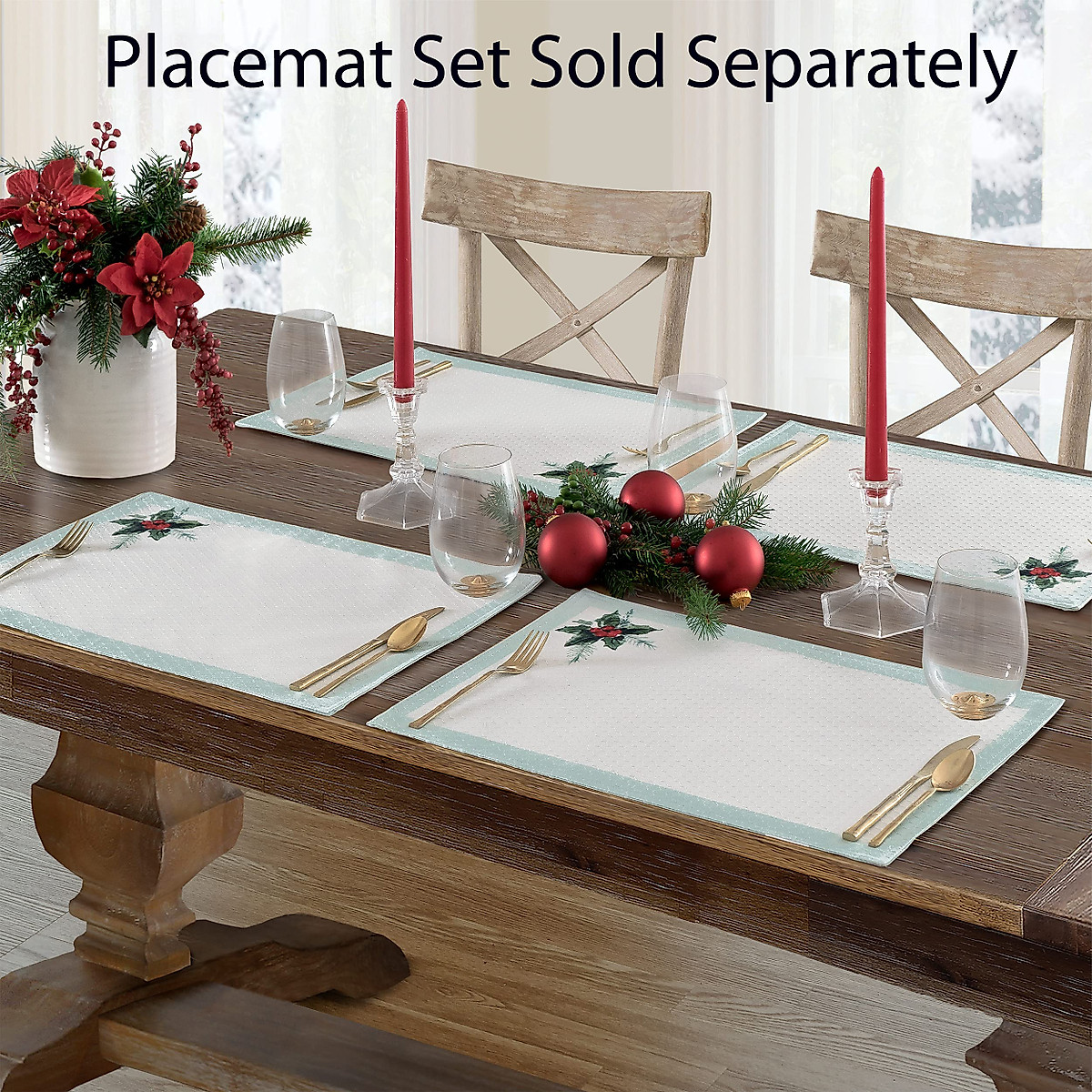 Lintex Holly Bough Stonewashed Border Traditional Christmas Tablecloth, Poinsettia and Holly Sprig Sage, Bordered Xmas Holiday Easy Care Fabric Tablecloth, 70 Inch Round