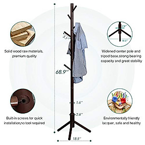 Vlush Sturdy Wooden Coat Rack Stand, Entryway Hall Tree Coat Tree with Solid Base for Hat,Clothes,Purse,Scarves,Handbags,Umbrella-(8 Hooks,Brown)