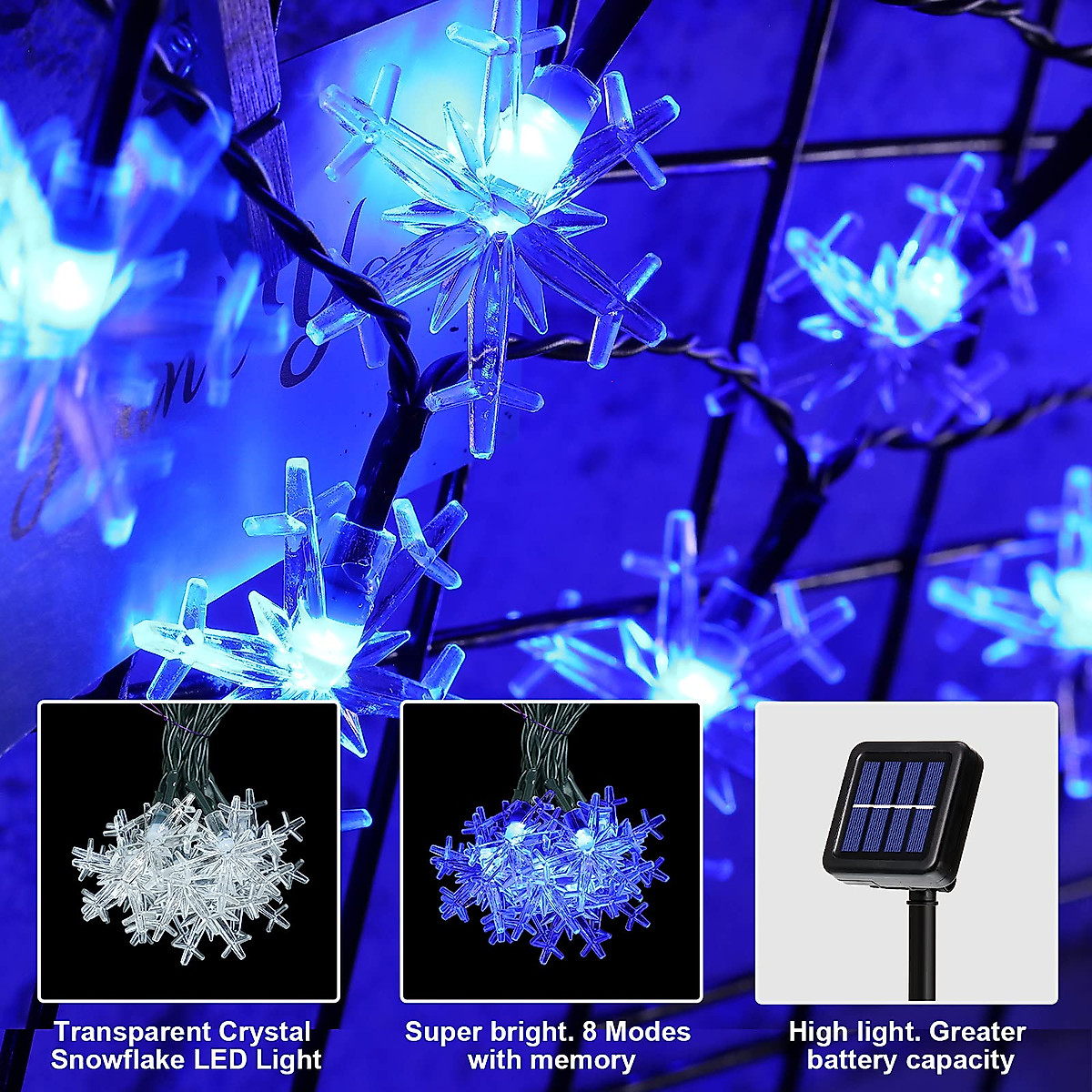 Snowflake Solar String Lights, 50LED 23ft 8 Modes Waterproof Solar Powered String Fairy Lights for Patio Home Gardens Outdoor Holiday Christmas Tree Party Decorations (Blue)