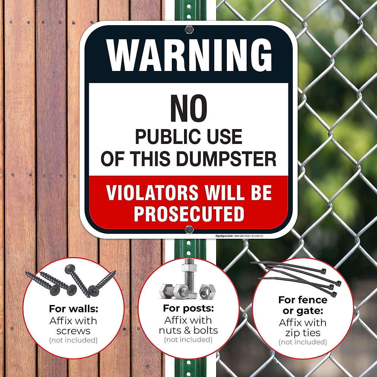 No Dumping Sign, No Public Use of Dumpster Sign, Violators Will Be Prosecuted, 12x12 Square Rust Free Aluminum,Weather/Fade Resistant, Easy Mounting, Indoor/Outdoor Use, Made in USA by Sigo Signs