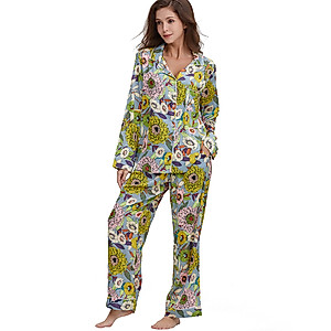 YiNi LuLu Womens Silk Satin Pajamas Set Button Down 2 Piece Pjs Set For Women Long Sleeve Oversized Sleepwear with Pockets