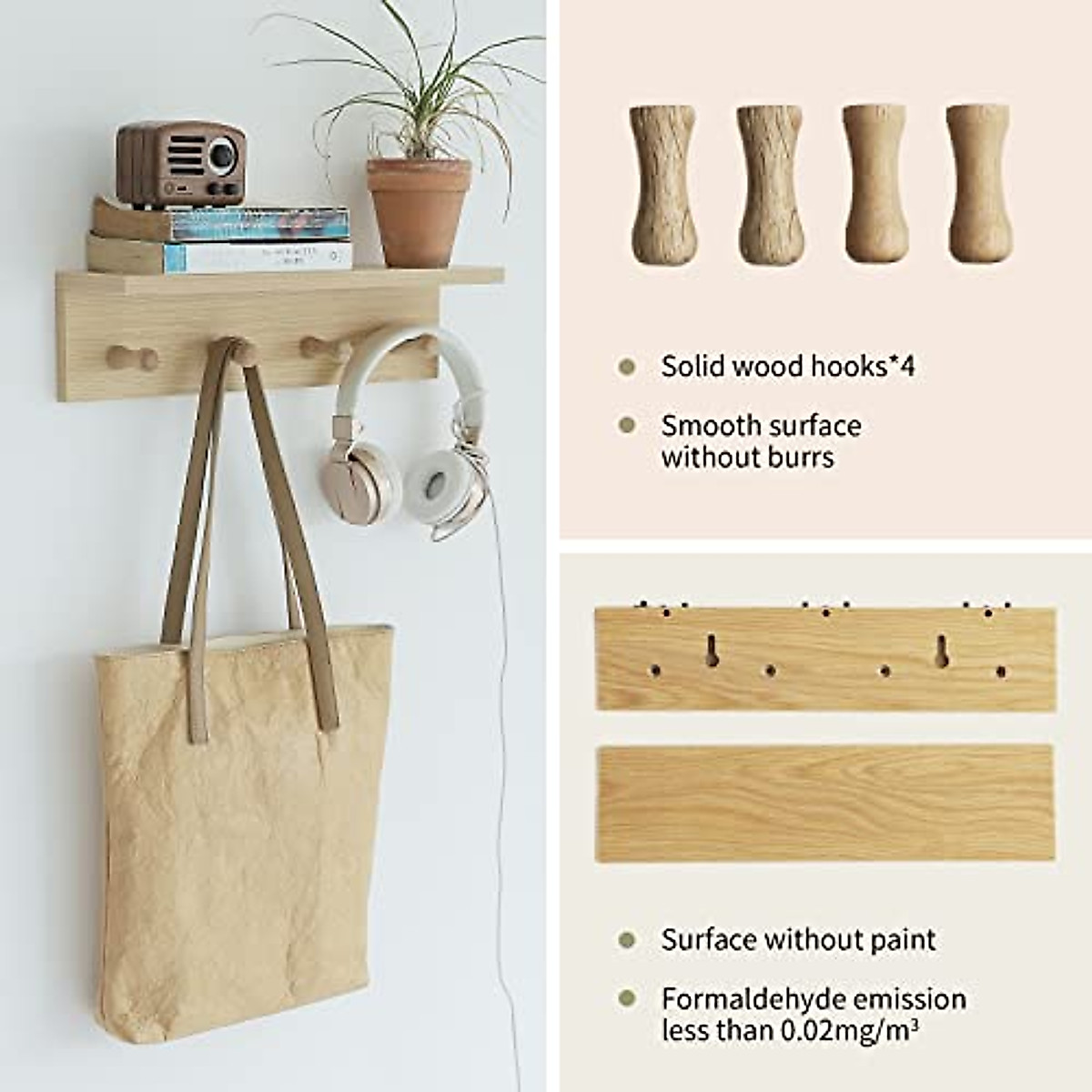 XAOHOME Wall Mount Coat Rack with Shelf, Sturdy Wooden Floating Shelf with Hooks Save Your Indoor Space, New Ingenious Fasteners Make The Wall Coat Hanger Easy to Install(Yellow)