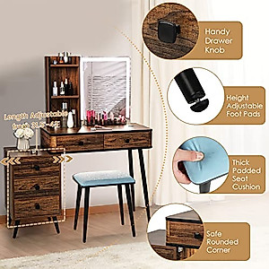 CHARMAID Vanity Set with Dimmable Lighted Mirror, 3 Lighting Modes, Human Body Induction, Side Cabinet, 2 Drawers, Storage Shelves, Cosmetic Tray, Makeup Table Dressing Desk with Stool (Rustic Brown)