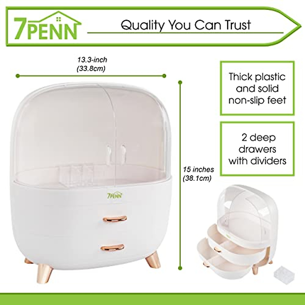 7Penn Large Makeup Organizer Box - Enclosed On Display Makeup Organizer Case with Cosmetic Storage Drawers