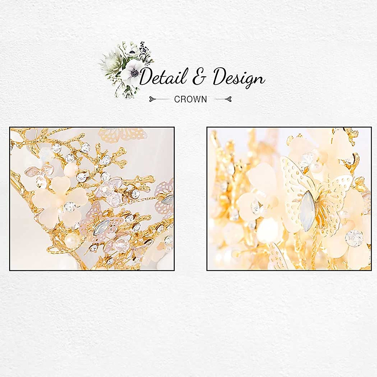 Kisshine Bride Wedding Flower Crowns and Tiaras Bridal Butterfly Tiara Baroque Queen Crown Crystal Costume Party Hair Accessories for Women and Girls