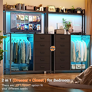 Cyclysio Dresser for Bedroom with Hutch & Clothes Rack, 70'' Tall 5 Drawers Dresser with Shelves, Black Dresser Closet with Charging Station & LED Lights, TV Stand Dresser with Hooks, Bedroom, Closet