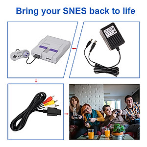 SNES Power Supply and AV Cable, AC Power Cord and Audio Video RCA AV Cable Compatible with Super Nintendo, SNES Power Adapter & AV Cord Bundle Set