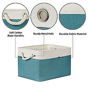 Bidtakay Set of 4 Bundled Baskets Storage Bins with Handles 15 X 11 X 9.5 Inches (White&Teal Blue)