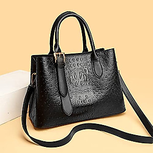 Fashion Crocodile Satchel Handbag for Women Top Handle Crossbody Bag Large Leather Shoulder Bag Ladies Purse (Black)