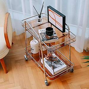 VLOBAOM 2-Tier Rolling Bar Cart, Modern Serving Cart with Lockable Wheels, Mobile Home Coffee Station Metal Frame, Kitchen Trolley Storage Shelf,25''Dx15''Wx27''H,Clear