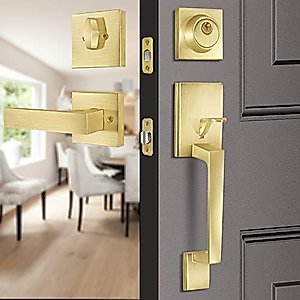 Felibat Front Door Handle,Satin Brass Front Door Lock Set with Single Cylinder Deadbolt and Door Lever,Entry Door Locksets