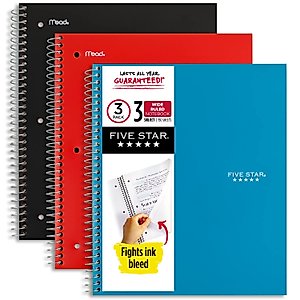 Five Star Spiral Notebooks, 3 Pack, 3 Subject, Wide Ruled Paper, 10 1/2" x 8", Blue, Red, & Black (930081)