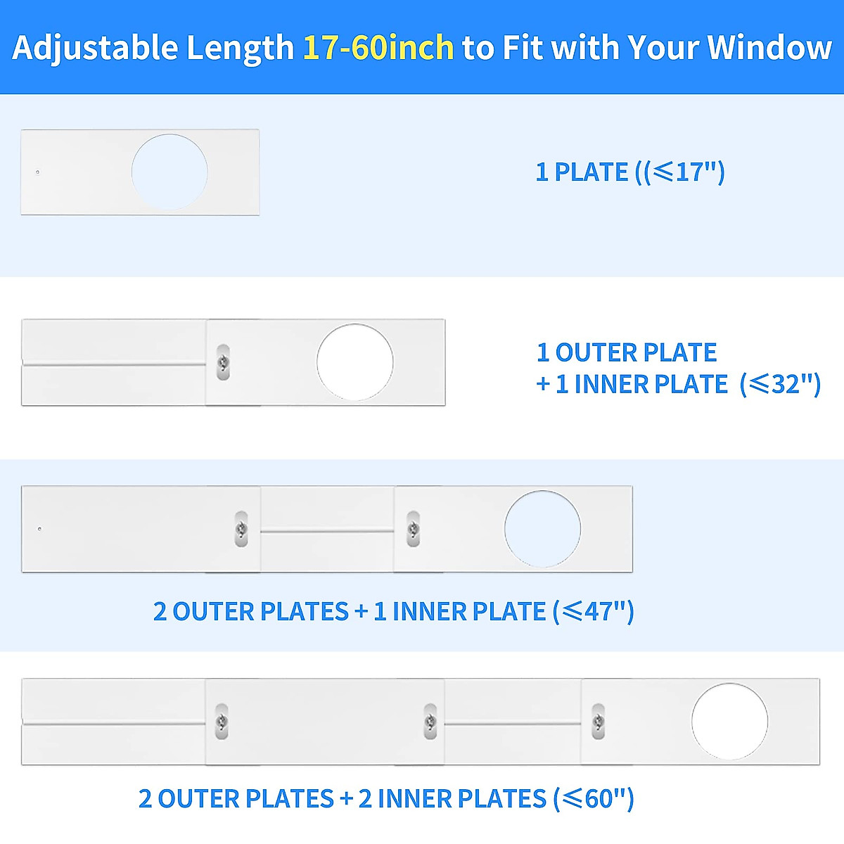 Portable AC Window Vent Kit with 5.9" Coupler, Pawcute Sliding Air Conditioner Plate Kits for Sliding Window, Adjustable 17-60 inch Portable AC Window Seal Plates for 5.9inch Exhaust Hose