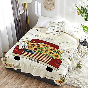 Warm Soft Fleece Throw Blanket, Red Truck Load Blooming Sunflower Farm - Cozy Plush Lightweight Blanket | Winter Couch Bed Sofa Decorative Microfiber Fleece Throws, 39" x 49"